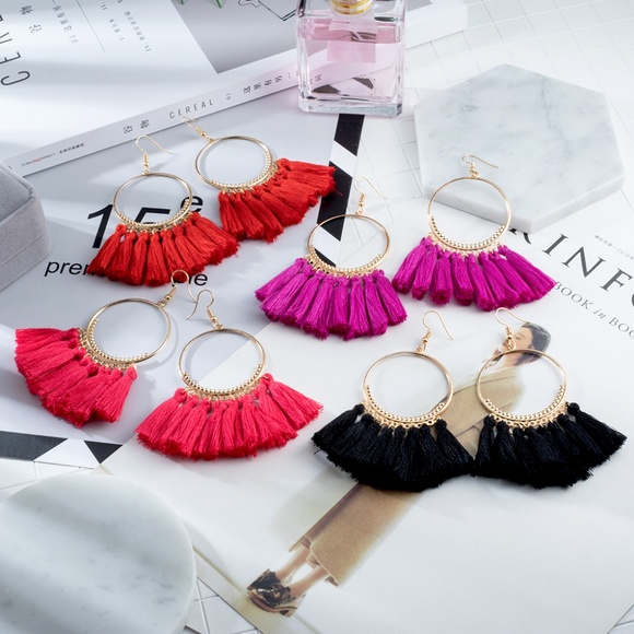 Nitrobetty | Jewelry | Bohemian Magenta Tassel Hoop Earrings | Poshmark